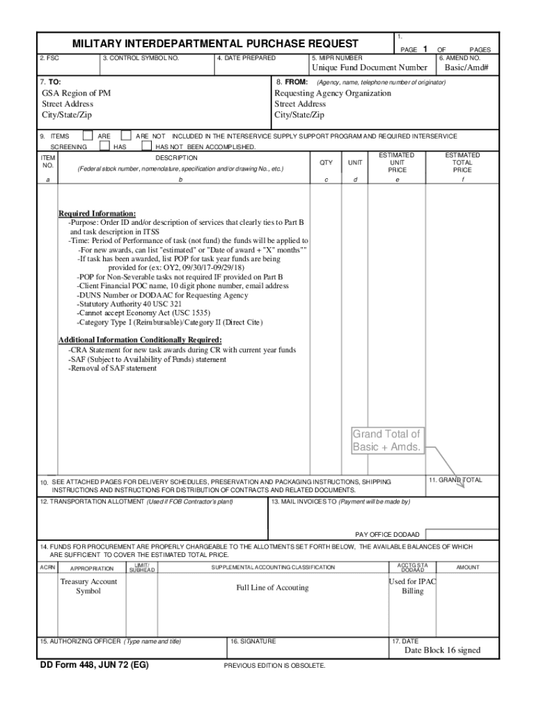 Fillable Online D D Form 448, Military Interdepartmental Purchase ...