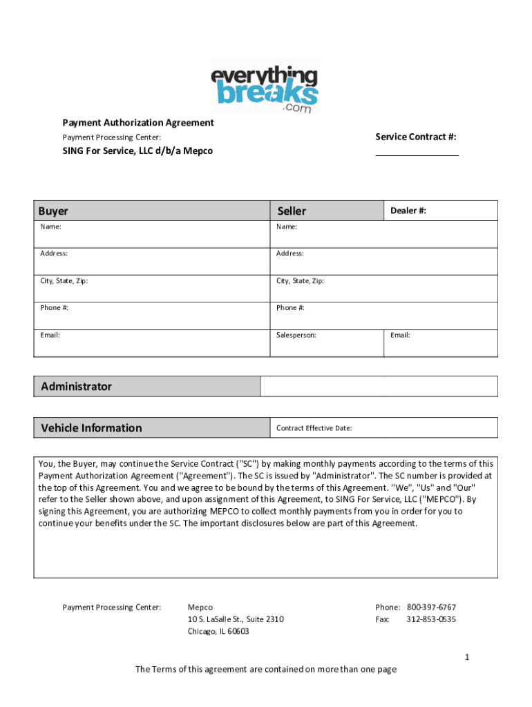 Fillable Online Payment Authorization Agreement Service Contract #: SING For Service ... Fax ...