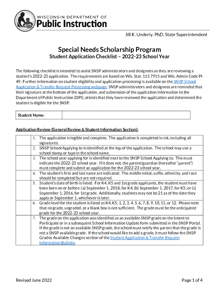 Fillable Online dpi wi PDF Special Needs Scholarship Program - Student ...
