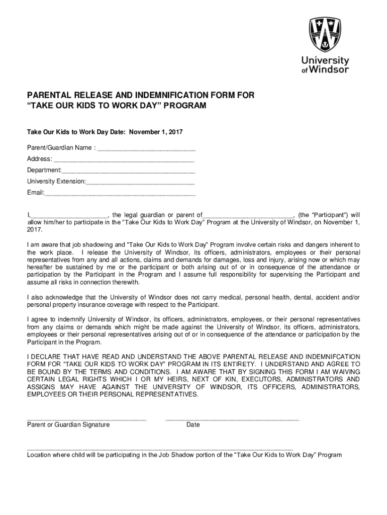 Fillable Online PARENTAL RELEASE AND INDEMNIFICATION FORM FOR TAKE OUR ...