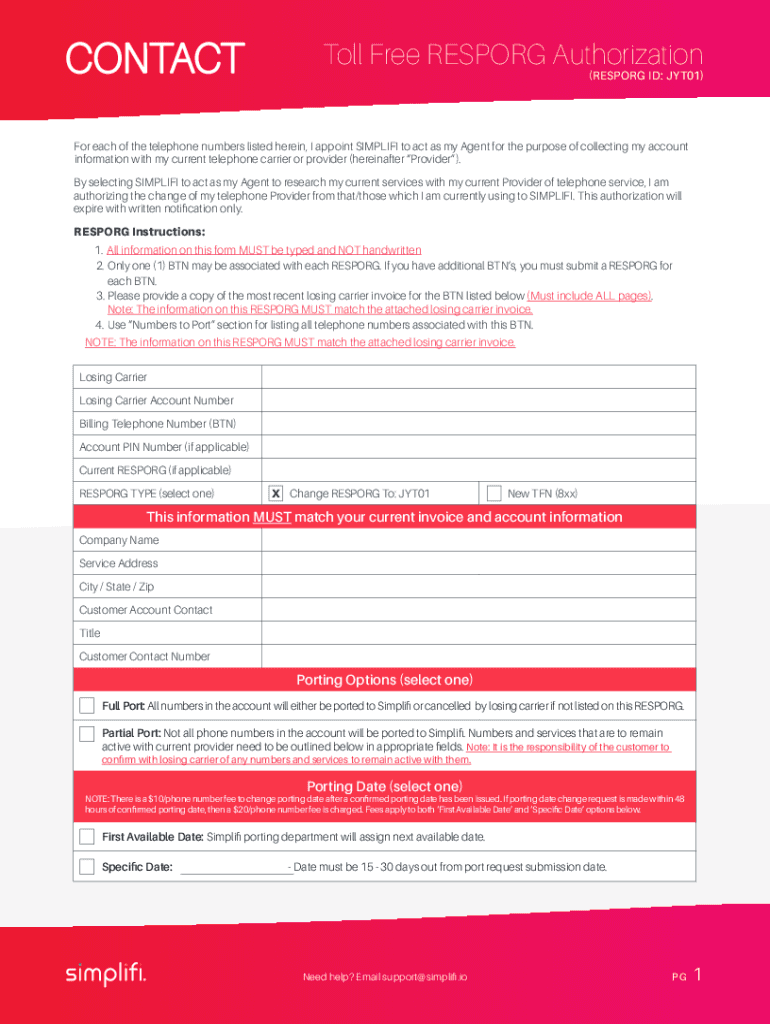 Fillable Online Toll Free RESPORG Authorization - f ...