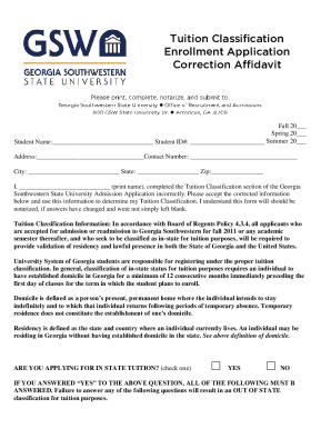 Fillable Online Tuition Classification Enrollment Application Correction Affidavit Fax Email ...