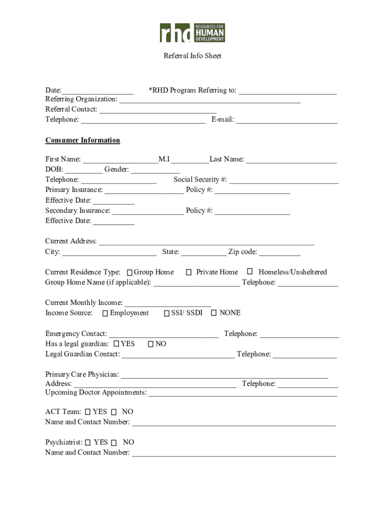 Fillable Online Referral Info Sheet - RHD Fax Email Print - pdfFiller