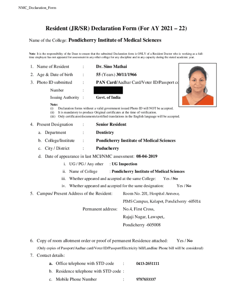 Fillable Online Faculty Declaration Form (For AY 2021 22) - NMC Fax ...