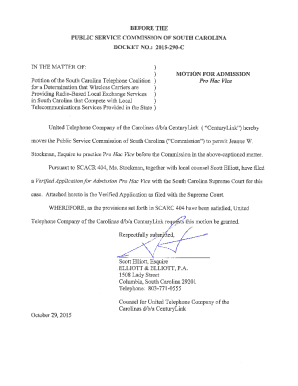 Fillable Online dms psc sc BEFORE THE MOTION FOR ADMISSION Pro Hac Vice ...