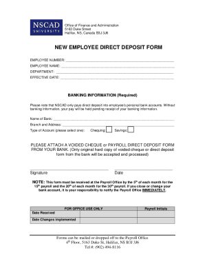 Fillable Online EMPLOYEE DIRECT DEPOSIT CHANGE FORM - NSCAD University ...