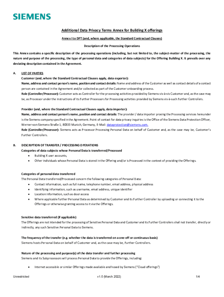 Fillable Online assets.new.siemens.comsiemensassetsAdditional Data Privacy Terms Annex Enlighted ...