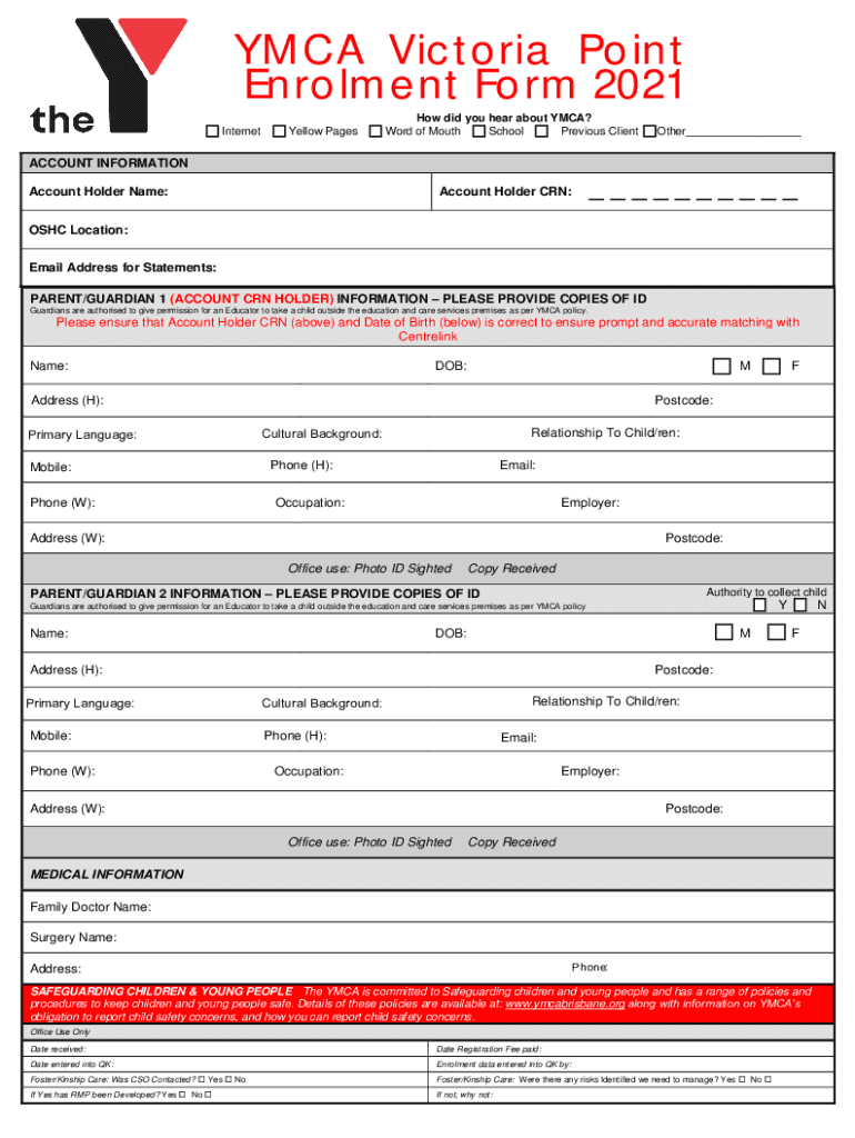 Fillable Online YMCA Victoria Point Enrolment Form 2021 - YMCA Fitness ...