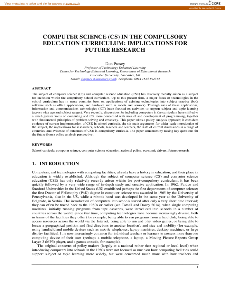 Fillable Online Computer Science Cs In The Compulsory Education
