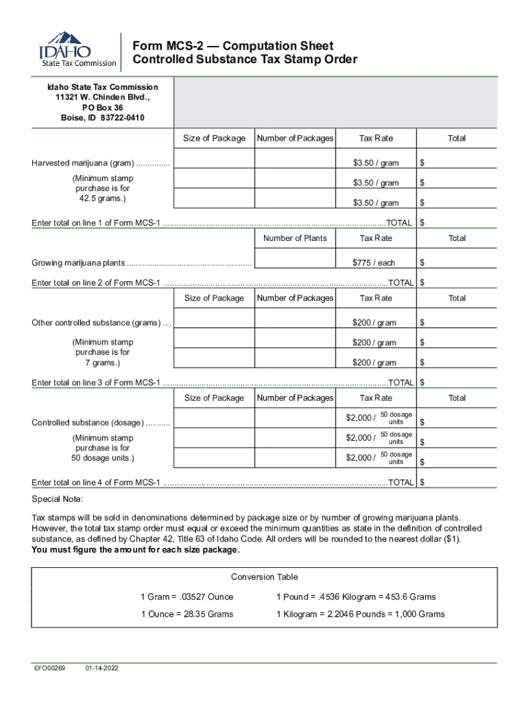 Fillable Online tax idaho Form MCS-2, Computation Sheet Controlled Substance Tax Stamp Order ...