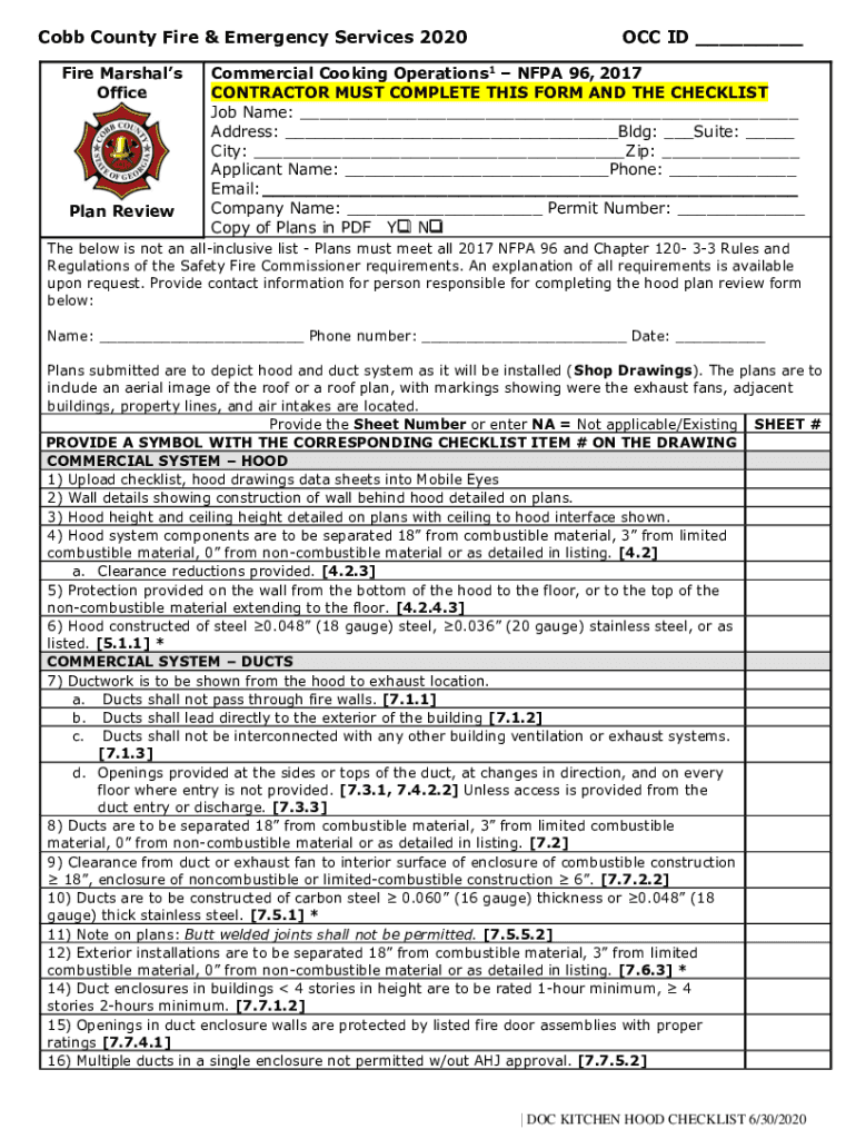 Fillable Online DOC Kitchen hood checklist 2/11/2020. DOC KITCHEN HOOD ...