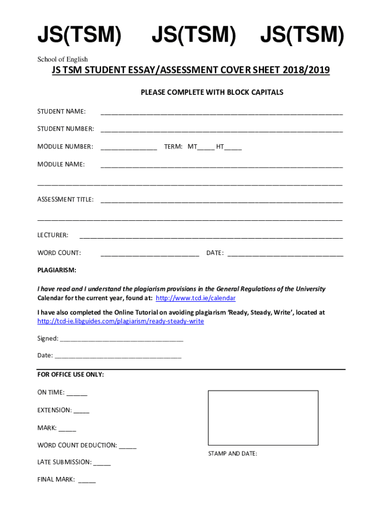 Fillable Online JS TSM ESSAY COVER SHEET 2018-19.pdf Fax Email Print ...