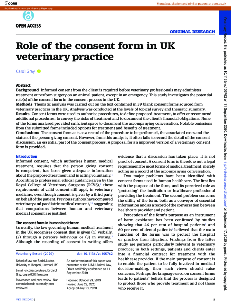 Fillable Online Role of the consent form in UK veterinary practice - CORE Fax Email Print ...