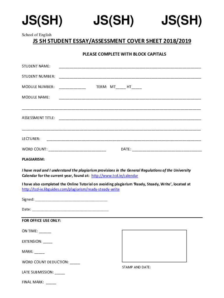 Fillable Online js sh student essay/assessment cover sheet 2018/2019 ...