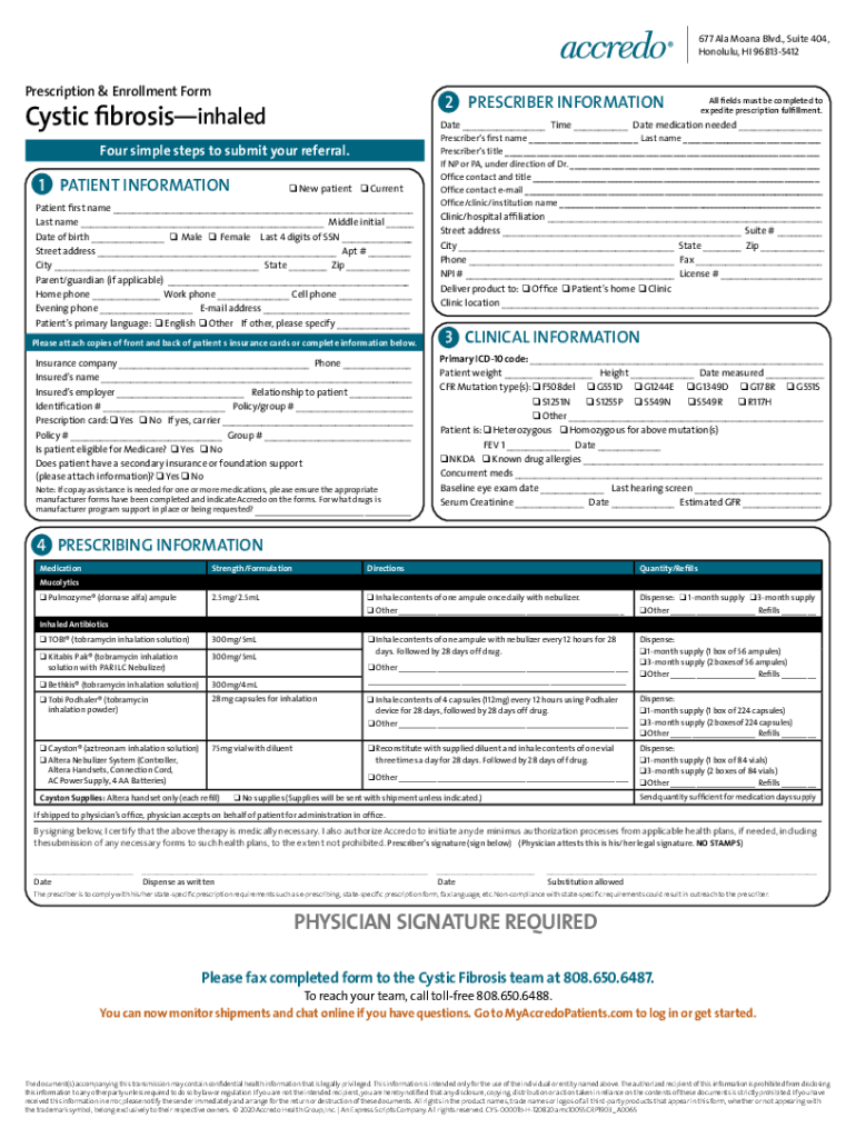 Fillable Online Prescription & Enrollment Form Cystic fibrosis ...
