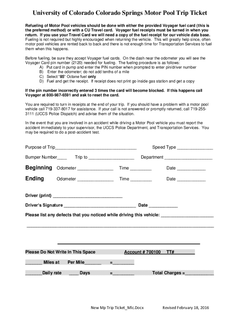 Fillable Online University of Colorado Colorado Springs Motor Pool Trip ...