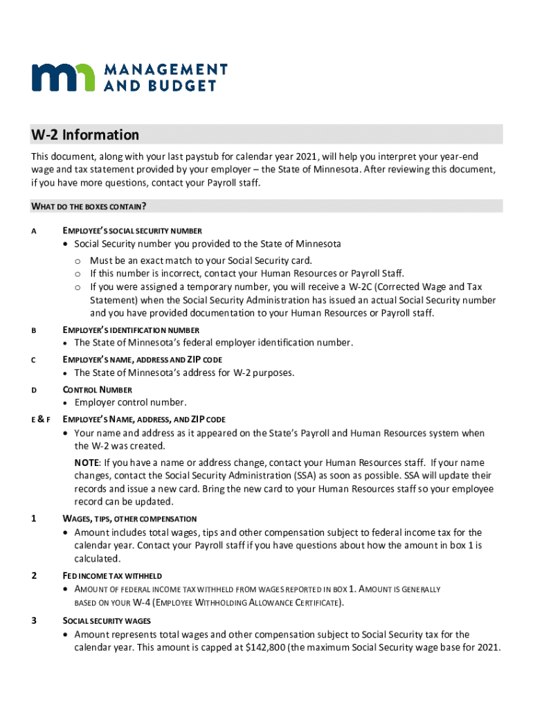Fillable Online www2 mnhs W-2 Information for 2021. W-2 Information for ...
