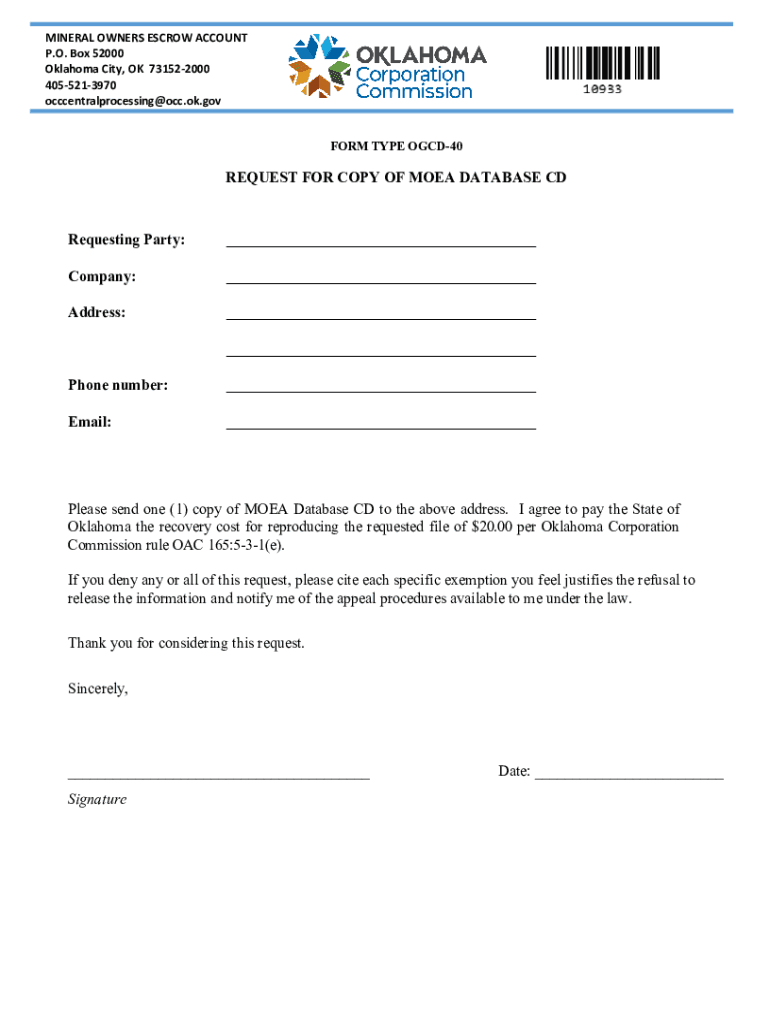 Fillable Online REQUEST FOR COPY OF MOEA DATABASE CD Requesting Party ... - Oklahoma Fax Email ...