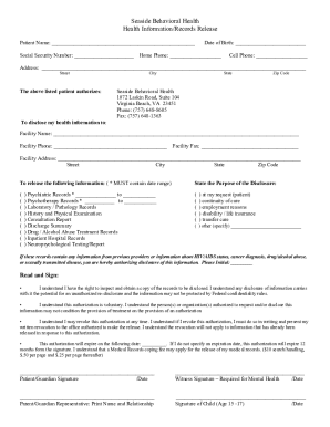 Fillable Online Seaside Behavioral Health Authorization for Release of ...