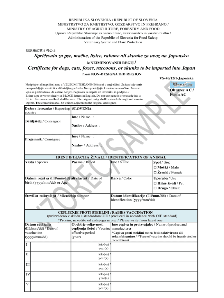 Fillable Online Sprievalo za pse, make, lisice, rakune ali skunke za ...