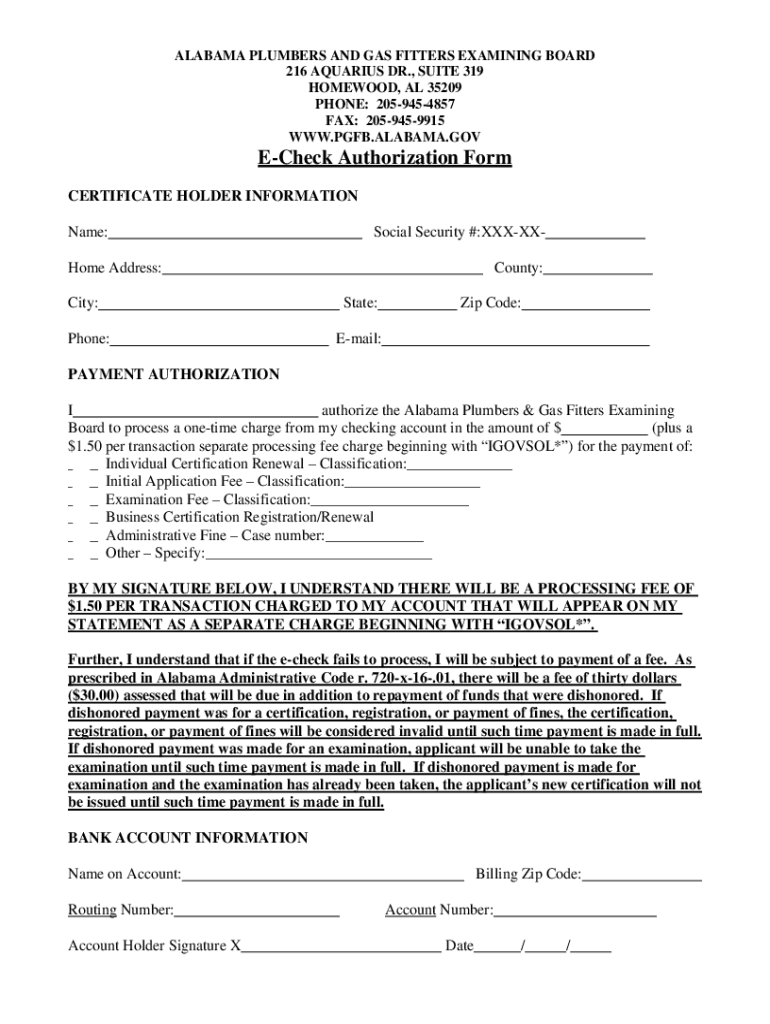 Fillable Online pgfb alabama E-Check Authorization Form Fax Email Print - pdfFiller