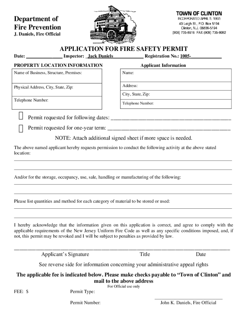 Fillable Online APPLICATION FOR FIRE SAFETY PERMITClinton NJ Fax Email ...