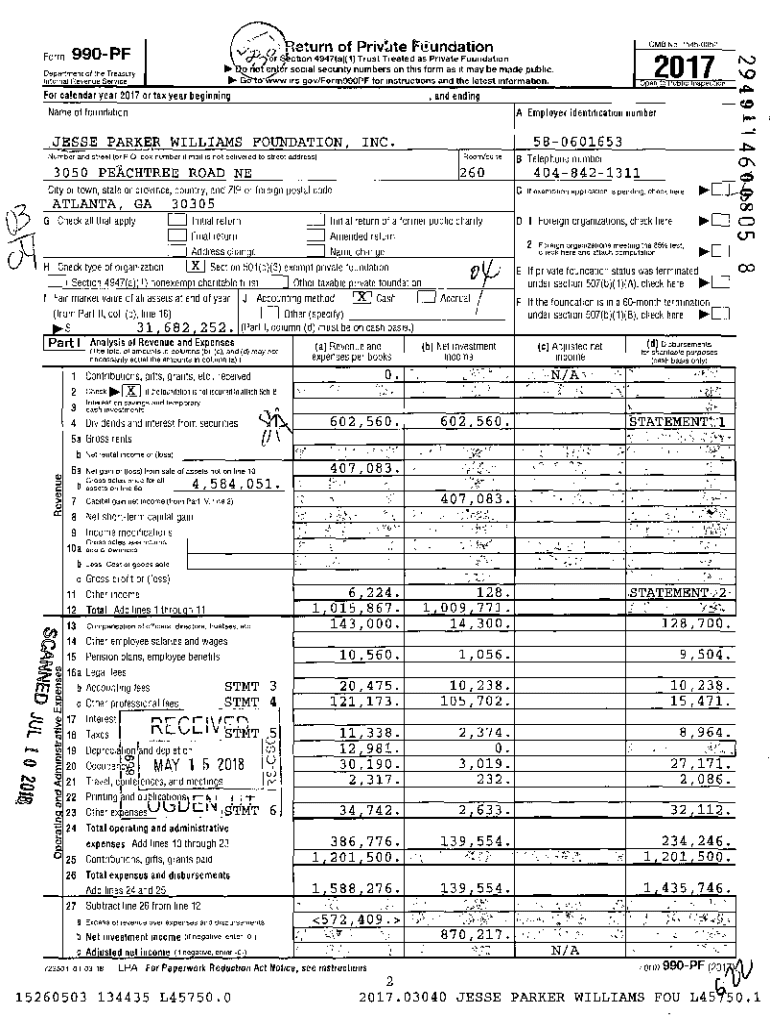 Fillable Online 990-PF Return of Priv to F undation MAY 1 5 7018 , Fax ...