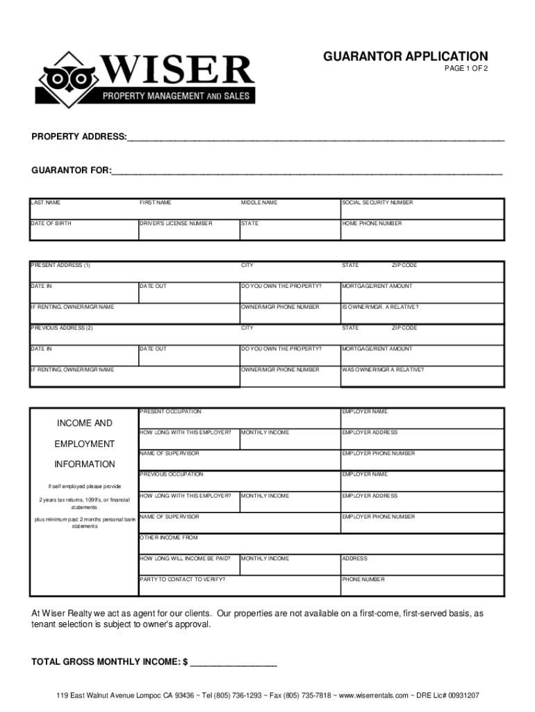 Fillable Online Guarantor Form - Printable Blank PDF OnlineWISER ...