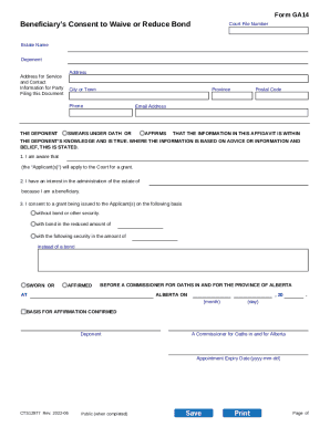 Fillable Online GA14 Beneficiarys Consent to Waive or Reduce Bond ...