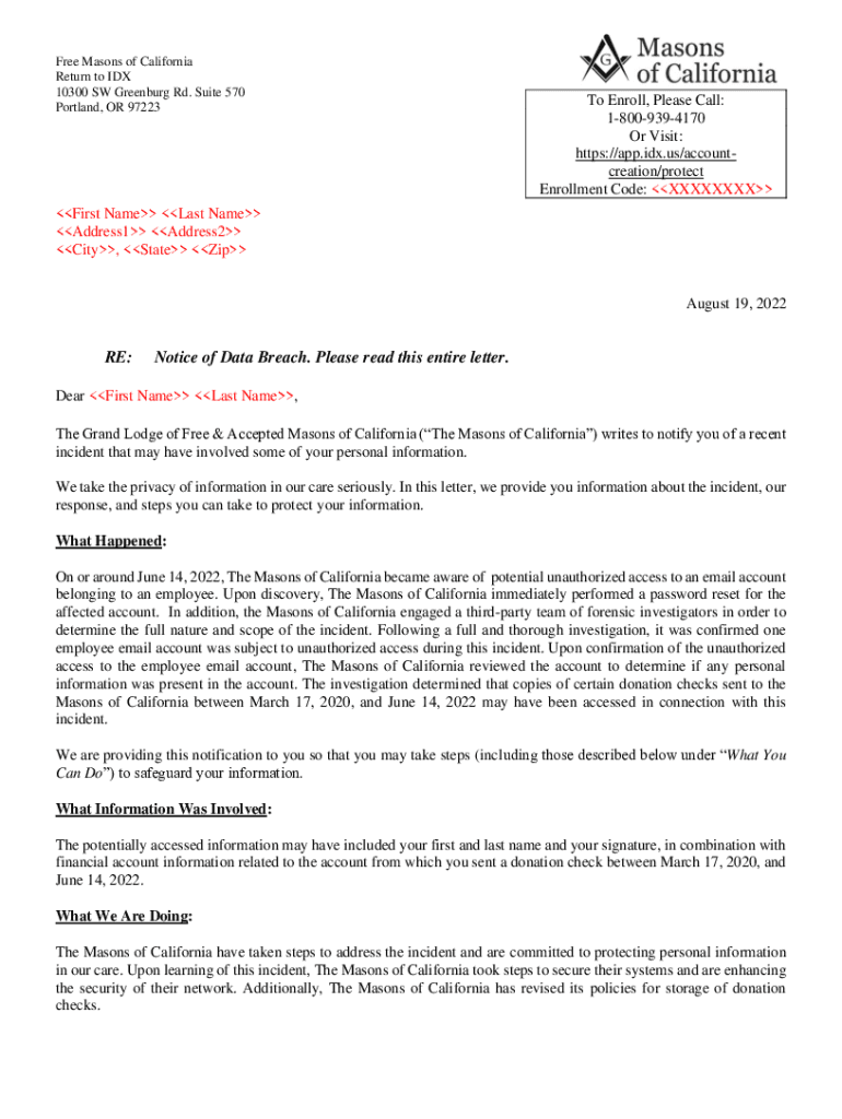 Fillable Online RE: Notice of Data Breach. Please read this entire ...