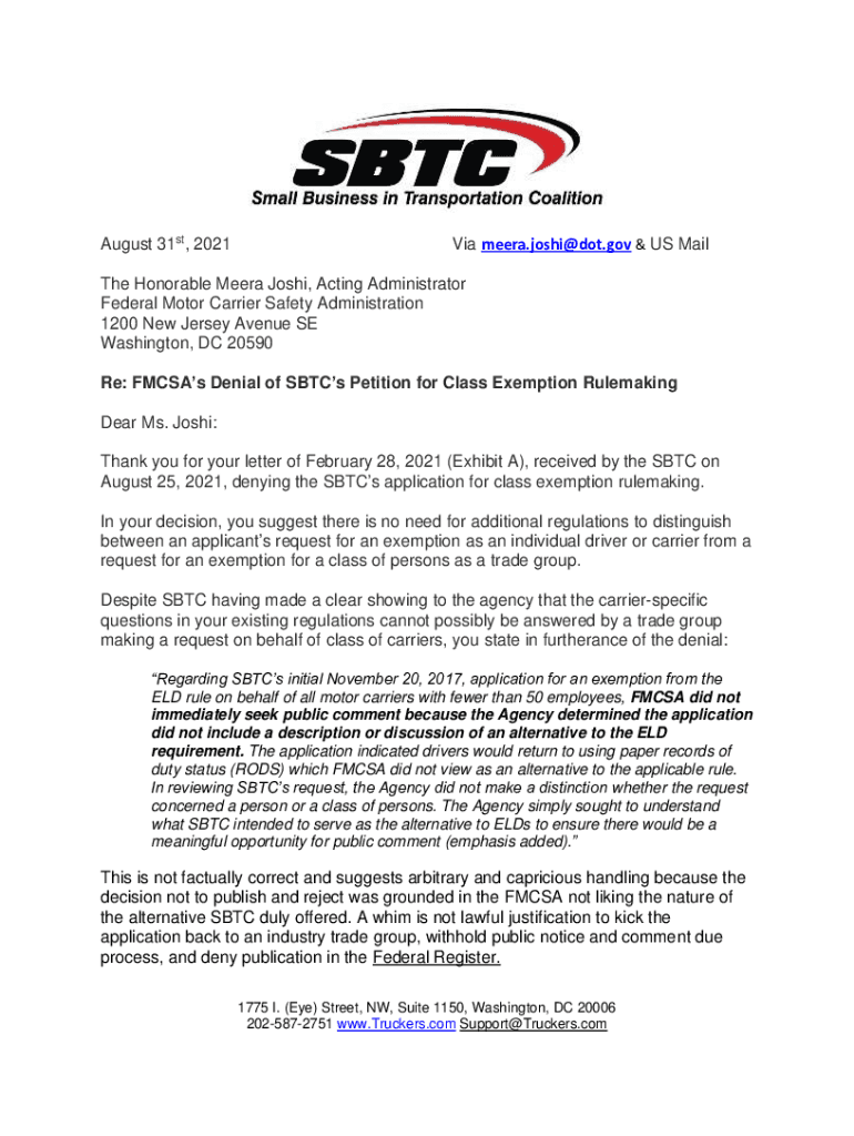 Fillable Online www.smalltransportation.org files 136325574Re: FMCSA s Denial of SBTC ...