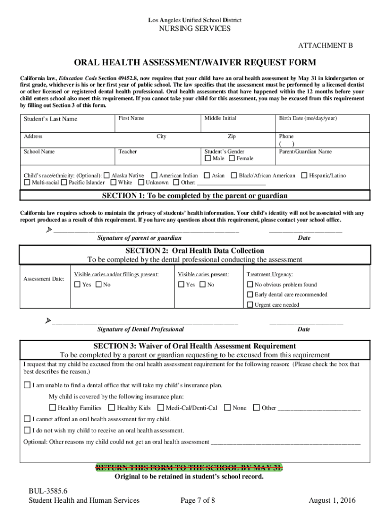 Fillable Online www.compton.k12.ca.us oral-health-assessmentOral Health ...