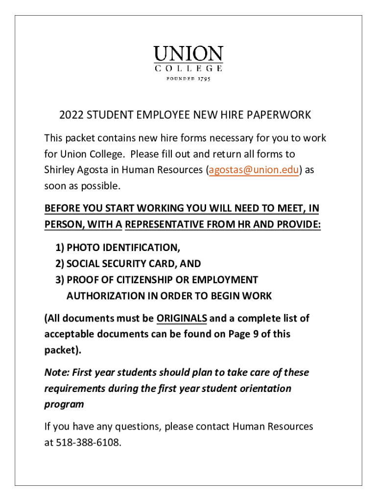 Fillable Online 202 STUDENT EMPLOYEE NEW HIRE PAPERWORK - Union College ...