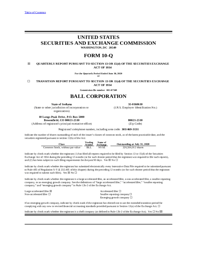 Fillable Online s1.q4cdn.com 2020 q2BALL CORPORATION FORM 10-Q SECURITIES AND EXCHANGE ...