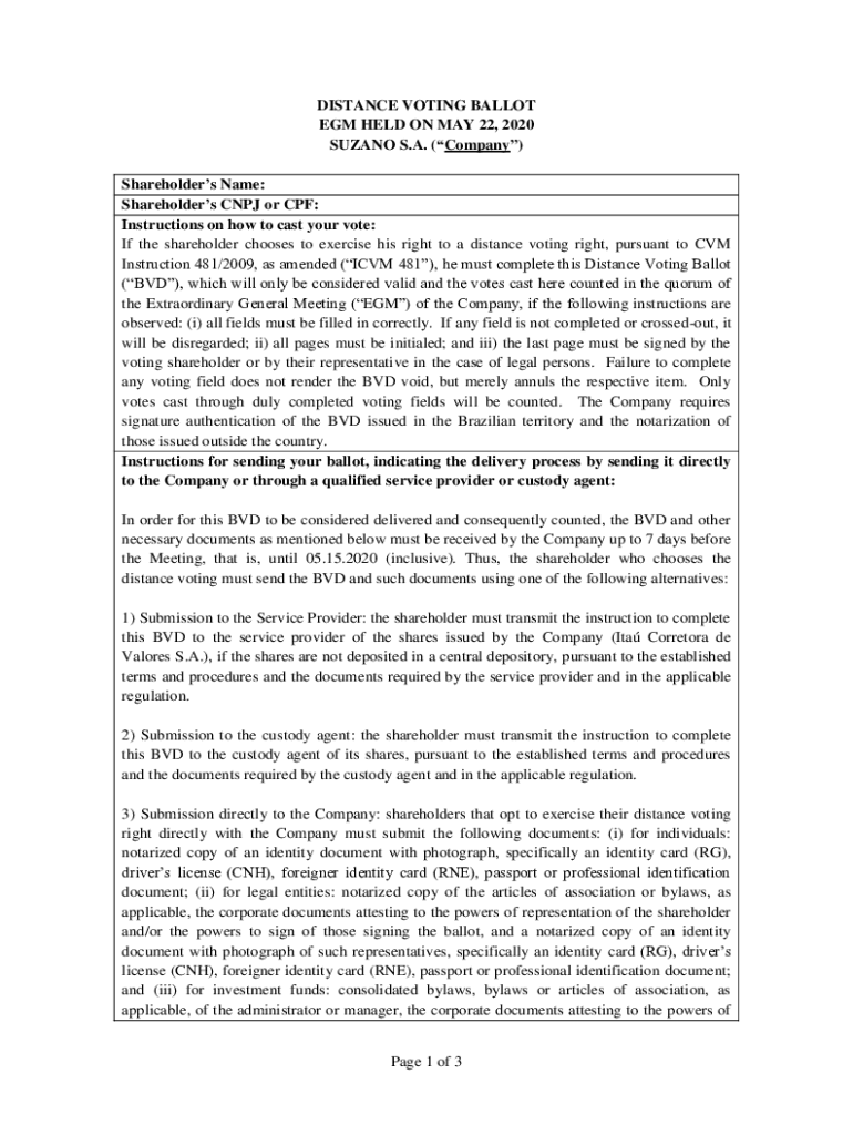 Fillable Online DISTANCE VOTING BALLOT AGM HELD ON MAY 22, 2020 SUZANO ...