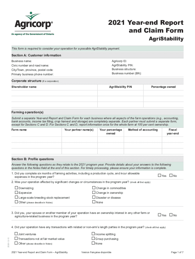 Fillable Online AgriStability Year-end Report and Claim Form ...