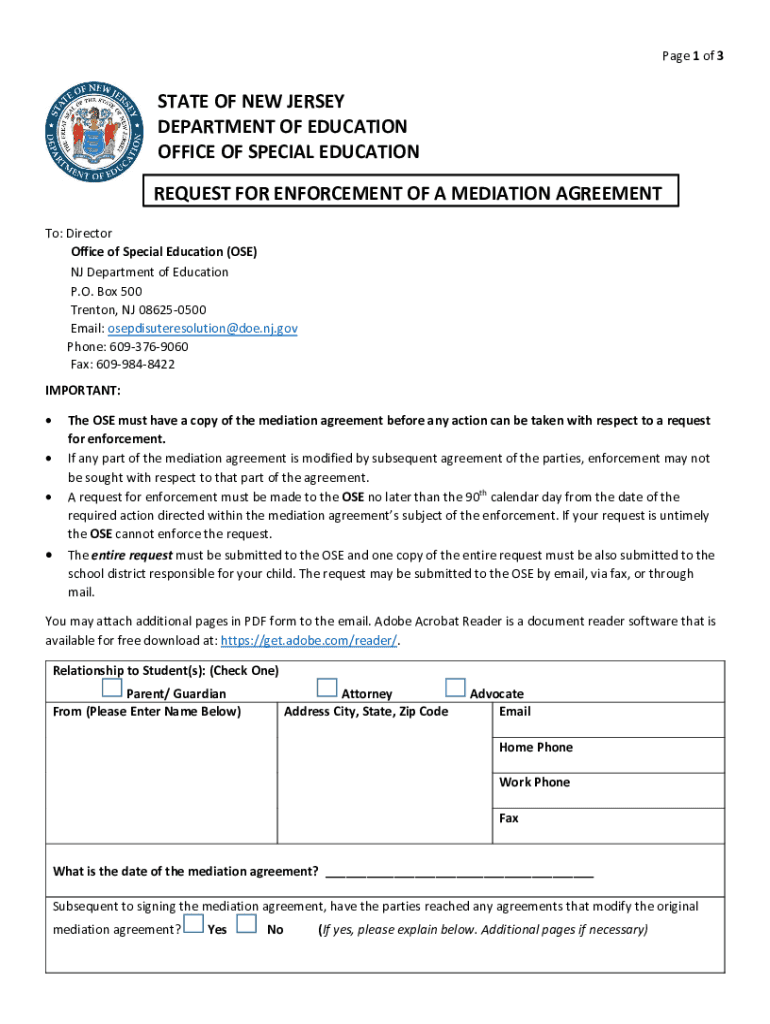Fillable Online New Jersey DOE Request for Enforcement of a Mediation ...