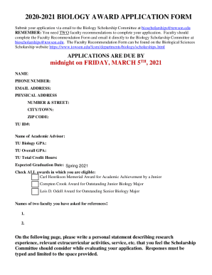 Fillable Online 2020-2021 BIOLOGY AWARD APPLICATION FORM - Towson ...