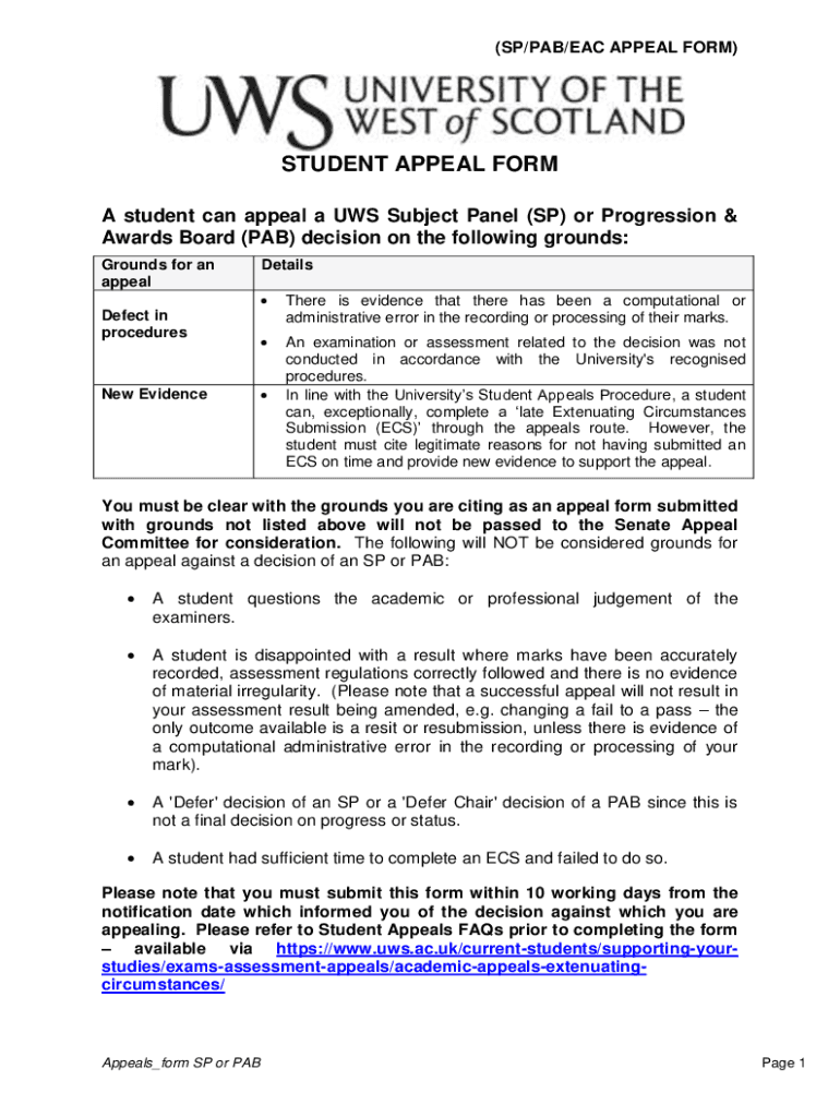 Fillable Online STUDENT APPEAL FORM - UWS Fax Email Print - pdfFiller