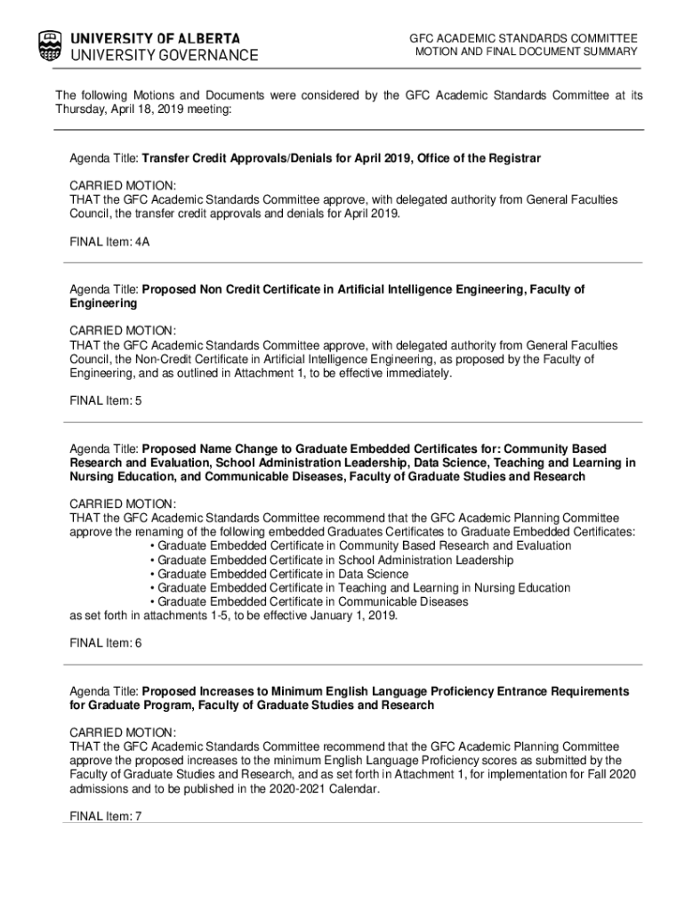 Fillable Online GFC ACADEMIC STANDARDS COMMITTEE MOTION AND FINAL ...