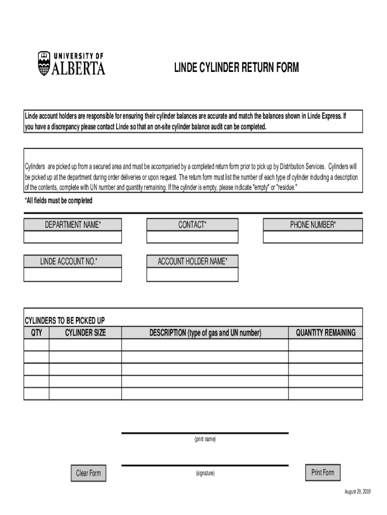 Fillable Online LINDE CYLINDER RETURN FORM - University of Alberta Fax Email Print - pdfFiller