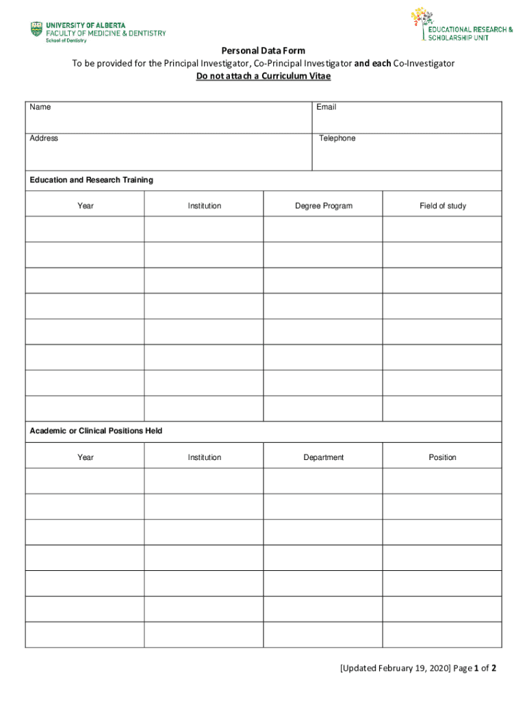 Fillable Online Personal Data Form To be provided for the Principal Investigator, Co ... Fax ...