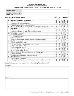 Fillable Online Form 1: Feedback for Culminating Paper Proposal Dept ...