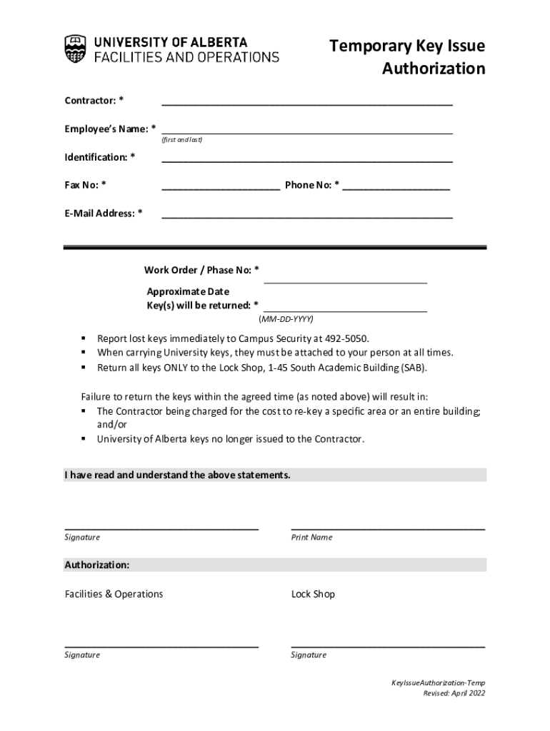Fillable Online Temporary Key Issue Authorization - University of ...