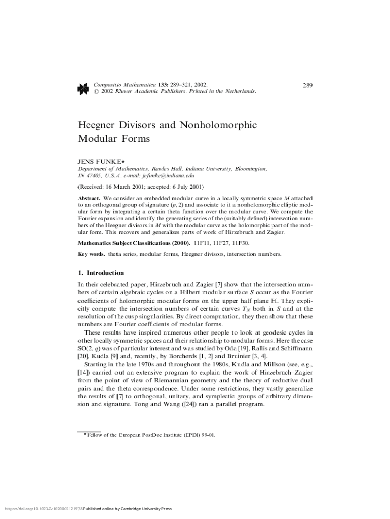 Fillable Online Heegner Divisors And Nonholomorphic Modular Forms Fax