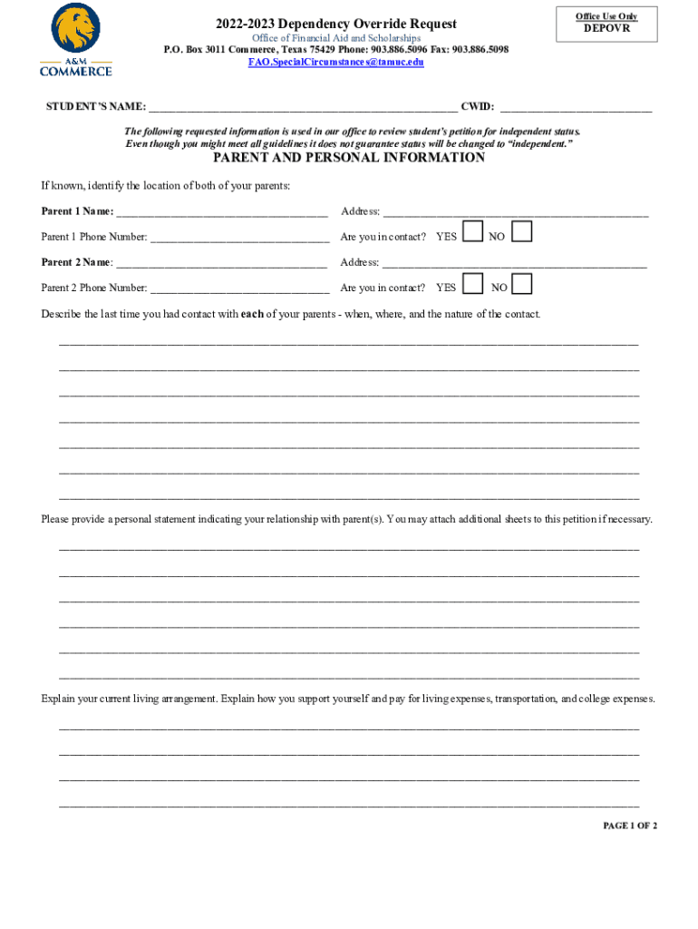 Fillable Online www.tamuc.eduwp-contentuploads2020-2021 Dependency Override Request Office of ...