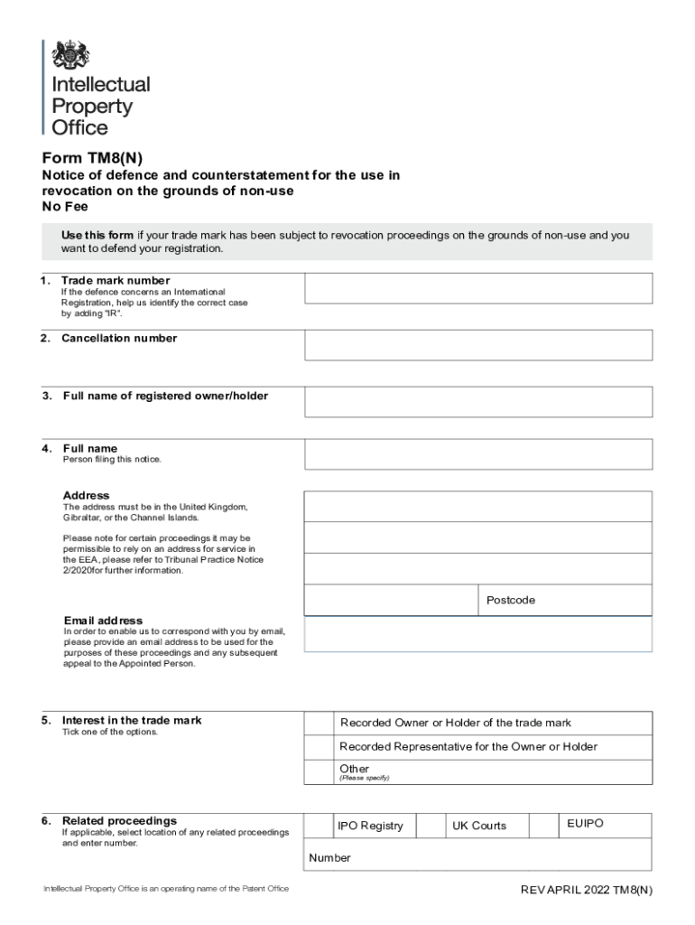 Fillable Online Form TM8(N) Notice Of Defence And Counterstatement For ...