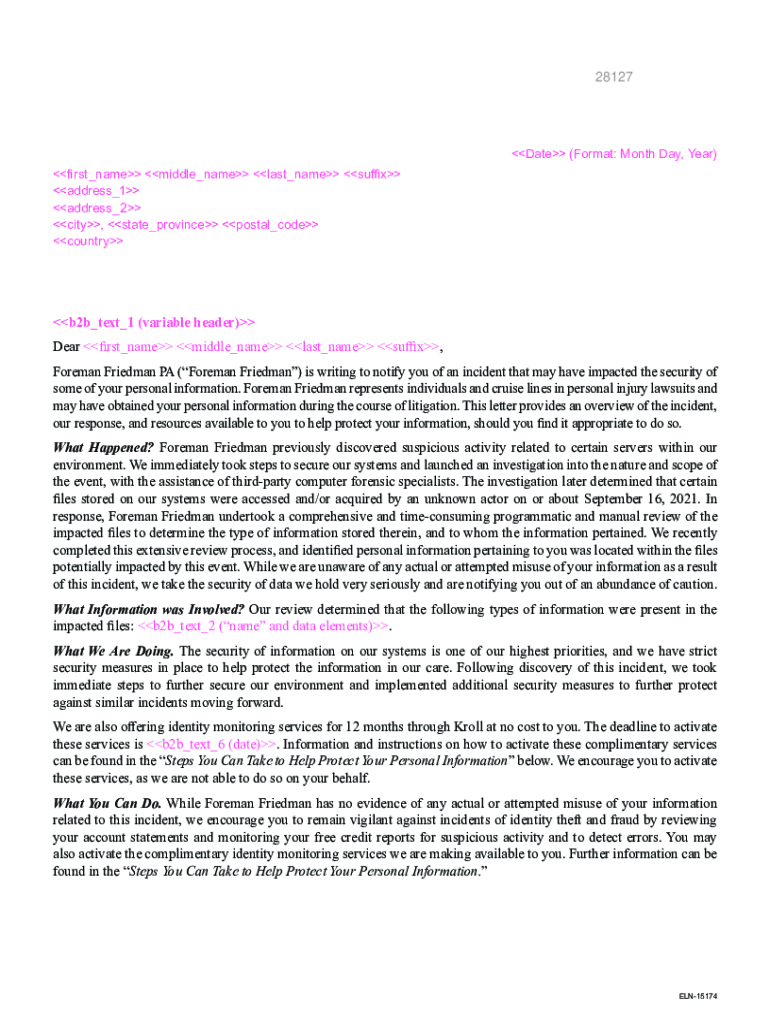 Fillable Online Exhibit 1 - Foreman Friedman - Notice of Data Event ...
