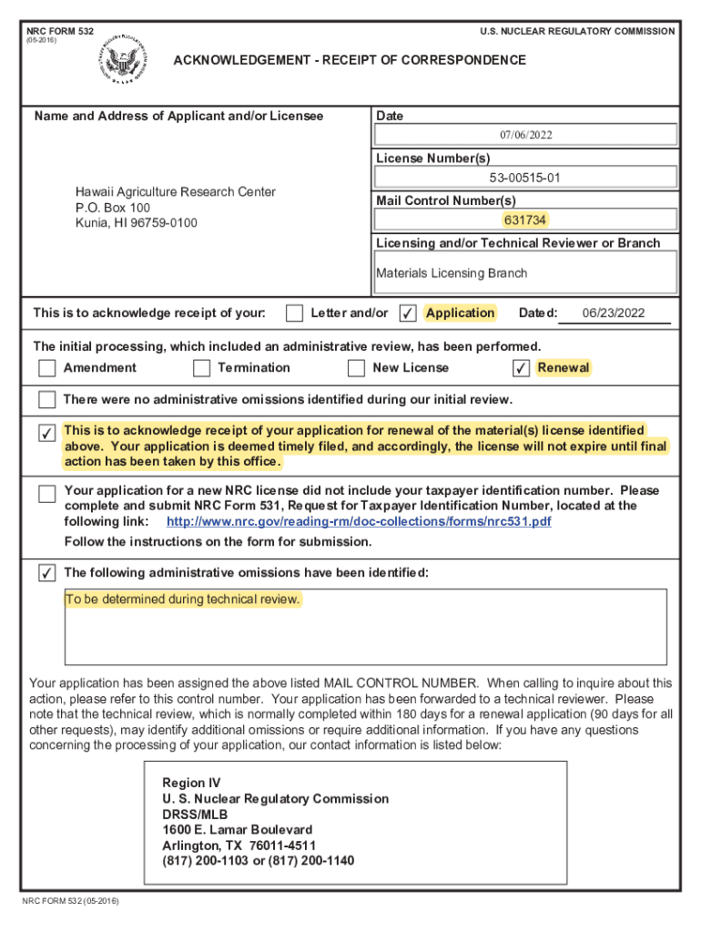 Fillable Online www.nrc.govdocsML1619NRC FORM 532 U.S. NUCLEAR ...