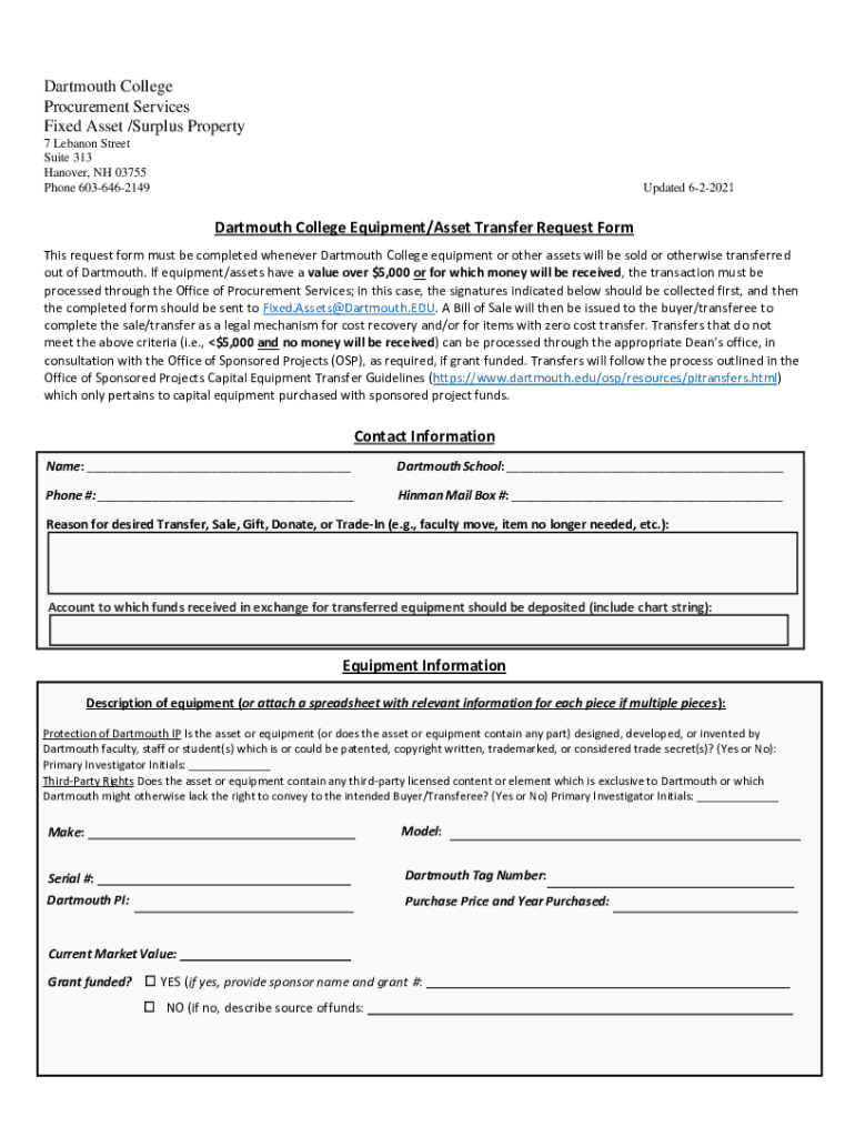 Fillable Online Dartmouth College Equipment/Asset Transfer Request Form ...